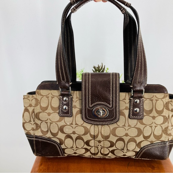 Coach | Bags | Coach Hamptons Canvas Khaki Mahogany Shoulder Bag | Poshmark